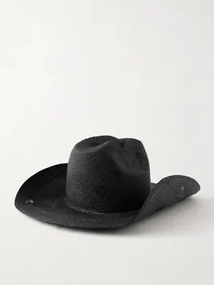 Ruslan Baginskiy Cowboy Distressed Leather-trimmed Embroidered Straw Hat - Black