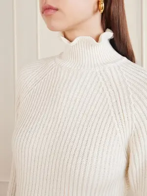 Max Mara Campo Ruffled Ribbed-knit Cotton Sweater - White