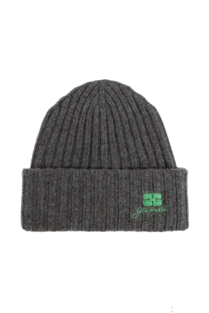 GANNI Embroidered Logo Ribbed Beanie - Grey