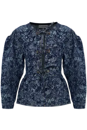 GANNI Floral Denim Top Navy Blue