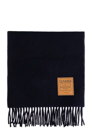 GANNI Wool Scarf With Logo - Navy Blue
