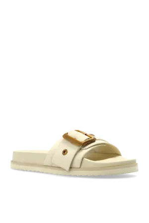 ALLSAINTS Ellie Leather Slides With Golden Buckle - Cream