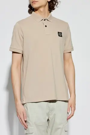 Stone Island Polo Shirt With Logo Patch - Beige