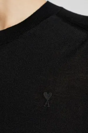 Ami Wool Sweater With Embroidered Logo - Black
