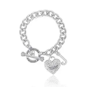 Juicy Couture Crystal Heart Charm Toggle Bracelet - Silvertone