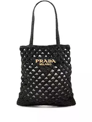 PRADA Raffia Effect Crochet Logo Embroidered Tote Bag