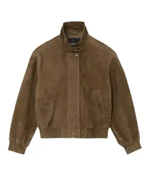 REISS Cara Suede Bomber Jacket Neutral