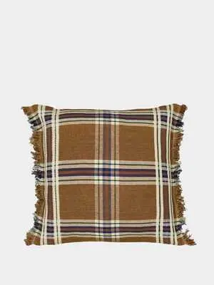 Libeco Linen Plaid Cushion With Fringed Edges - Brown