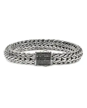 John Hardy Sterling Woven Link Bracelet With Black Sapphire Pave Clasp - Silver