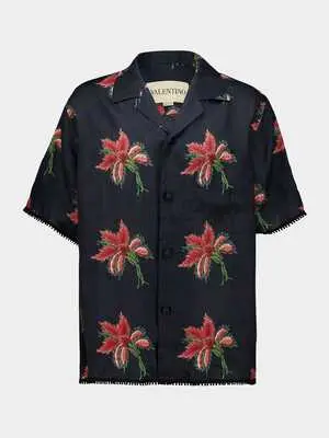 Valentino Garavani Linen Bowling Shirt With Red Papier Floral Print