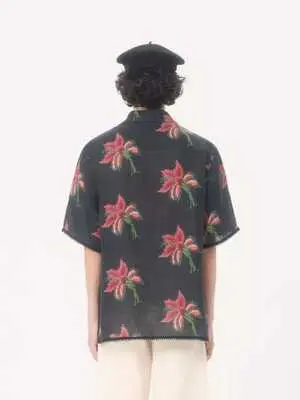 Valentino Garavani Linen Bowling Shirt With Red Papier Floral Print