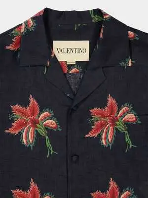 Valentino Garavani Linen Bowling Shirt With Red Papier Floral Print