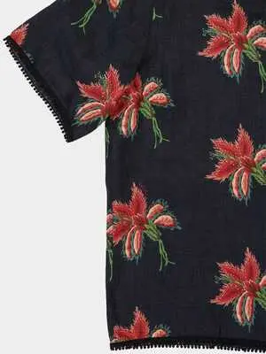 Valentino Garavani Linen Bowling Shirt With Red Papier Floral Print