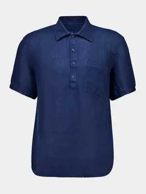 120% Lino Navy Linen Short-sleeve Regular Shirt - Blue