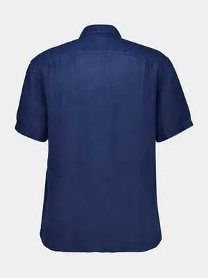 120% Lino Navy Linen Short-sleeve Regular Shirt