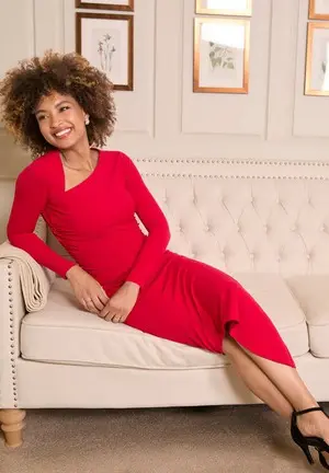 JOE BROWNS Asymmetrical Midi Dress With Ruching And Long Sleeves