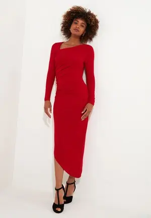 JOE BROWNS Asymmetrical Midi Dress With Ruching And Long Sleeves