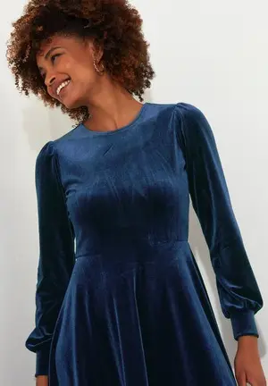 JOE BROWNS Crew Neck Velvet Midi Dress With Balloon Sleeves
