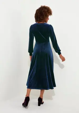 JOE BROWNS Crew Neck Velvet Midi Dress With Balloon Sleeves
