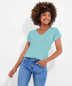 JOE BROWNS V-neck Eyelet Trim Short Sleeve Tee - Light Aqua