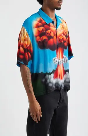 BRAIN DEAD Explosion Graphic Button-up Shirt - Blue Multi
