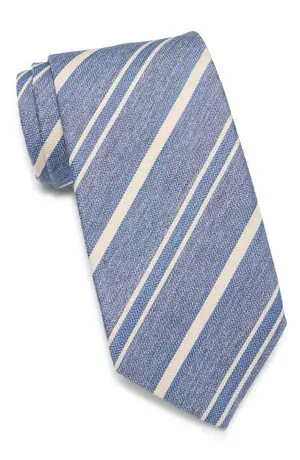 David Donahue Stripe Herringbone Silk Neck Tie - Denim