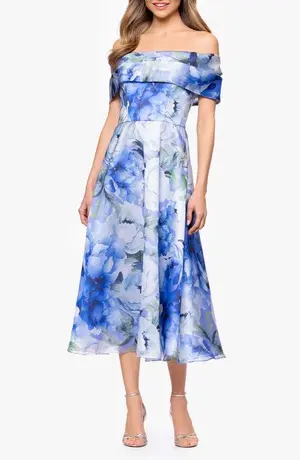 Betsy & Adam Floral Print Organza Off-the-shoulder Party Dress