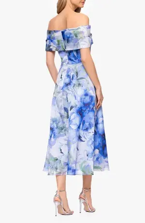 Betsy & Adam Floral Print Organza Off-the-shoulder Party Dress