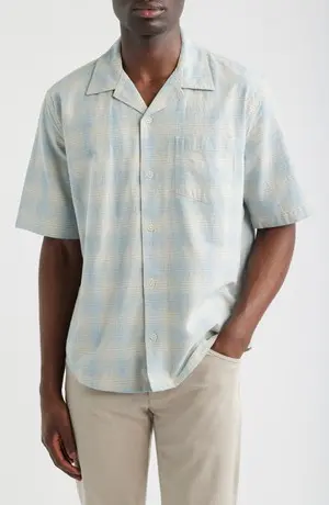 CORRIDOR Plaid Short Sleeve Cotton & Linen Camp Shirt - Light Blue