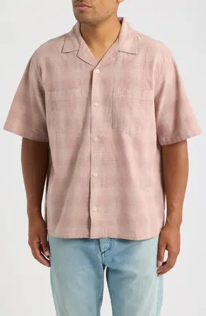 CORRIDOR Plaid Short Sleeve Cotton & Linen Camp Shirt - Pnk