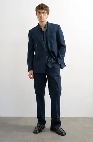 Topman Linen Blend Straight Leg Pants - Navy