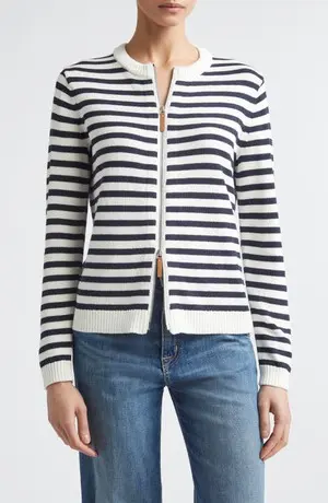 Lafayette 148 New York Stripe Cotton & Silk Zip Cardigan