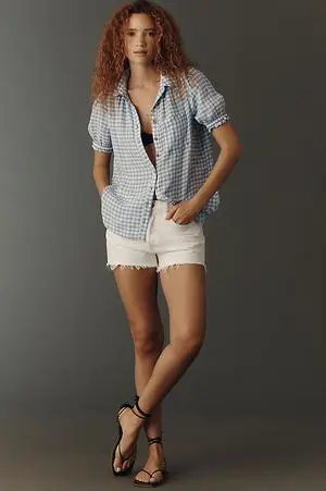 PILCRO Aly Linen Puff-sleeve Blouse - Blue Gingham
