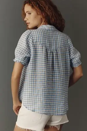 PILCRO Aly Linen Puff-sleeve Blouse - Blue Gingham