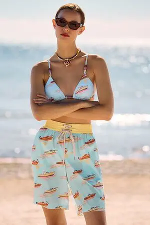 CELANDINE Printed Long Board Shorts - Light Blue