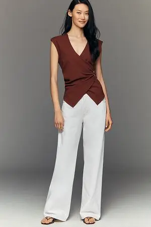 Maeve V-neck Cap-sleeve Top With Buckle Detail - Brown