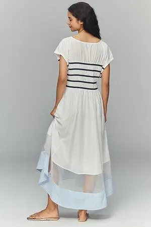 Maeve Smocked Short-sleeve Sheer Hem Midi Dress