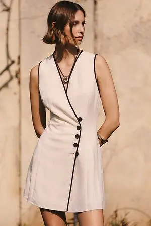 MARE MARE Linen Asymmetric Button Mini Dress - Neutral