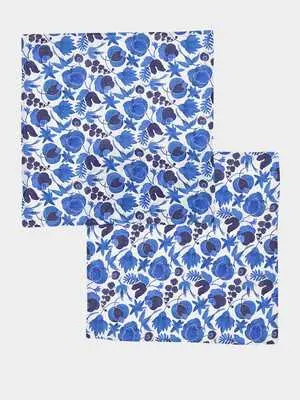 La DoubleJ Wildbird Blu Linen Napkins Set Of 2 - Blue