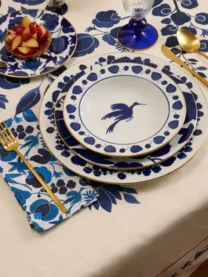 La DoubleJ Wildbird Blu Linen Napkins Set Of 2 - Blue
