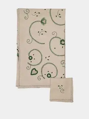 HOUSE OF CAPRICORN Hand-embroidered Viana Beige Linen With Embroidery Tablecloth And Napkin Set - Green