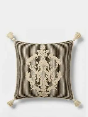 HOUSE OF CAPRICORN Bourbon Striped Cotton Embroidered Cushion - Black