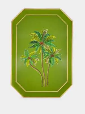LES-OTTOMANS Handpainted Palm Trees Tray - Green