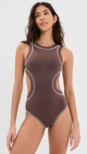 Staud One Piece With Cut Out And Contrast Stitching - Java