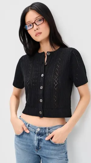ALEX MILL Elle Pointelle Knit Cardigan - Black
