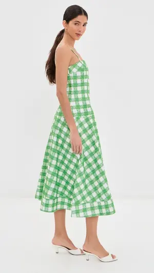 Rosie Assoulin Gingham Check Square Neck Sleeveless Midi Dress - Grass Green