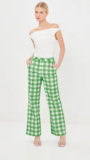 Rosie Assoulin Easy Does It" Gingham Check Textured Pants - Grass Green