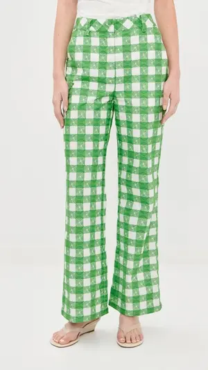 Rosie Assoulin Easy Does It" Gingham Check Textured Pants - Grass Green