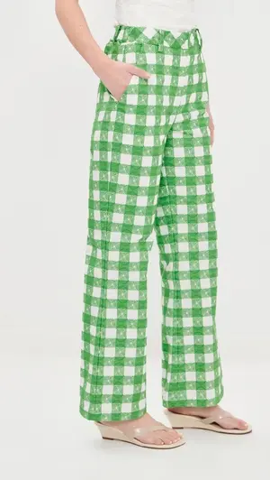 Rosie Assoulin Easy Does It" Gingham Check Textured Pants - Grass Green