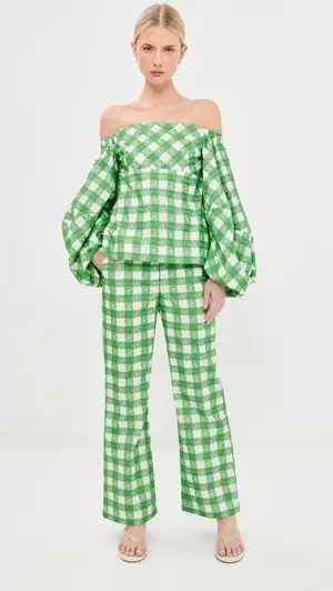 Rosie Assoulin Easy Does It" Gingham Check Textured Pants - Grass Green